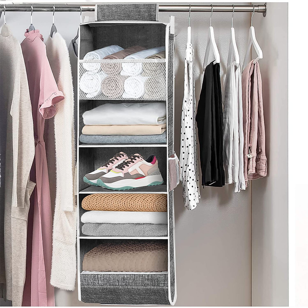 HMA Pro Hanging Closet Organizer and Storage (Heavy Duty) 5 Shelves Collapsible Hanging Closet Shelves Hanging Organizer for Closet, Camper and RV, Strong MDF Material on All Shelves.