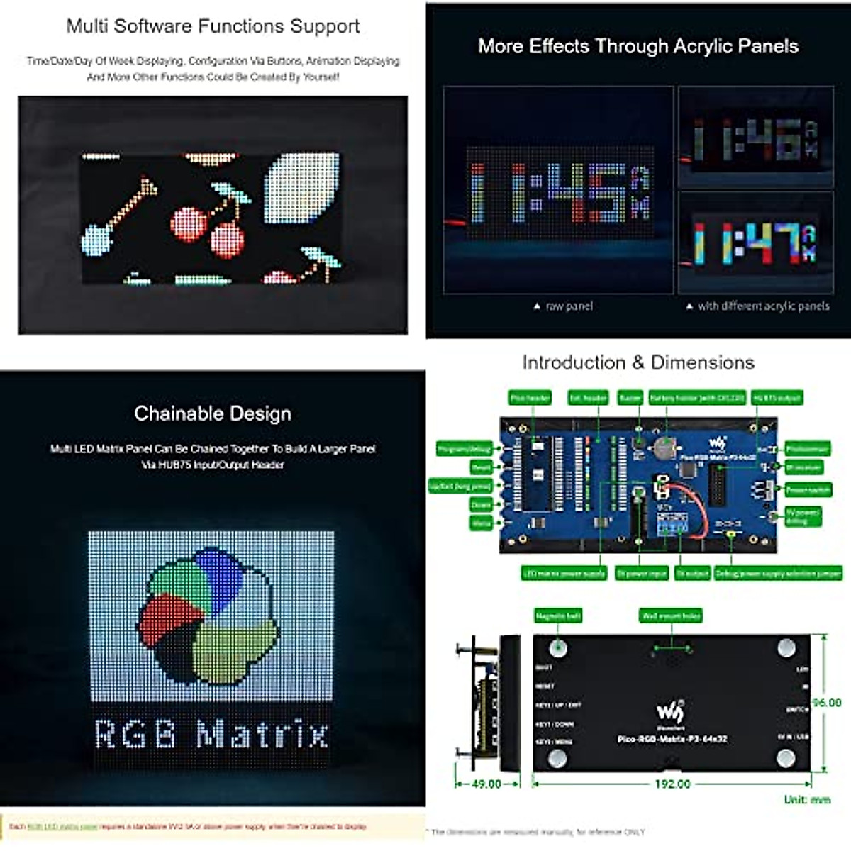 Waveshare RGB Full-Color Multi-Features Digital Clock for Raspberry Pi Pico 64×32 RGB Matrix Accurate RTC