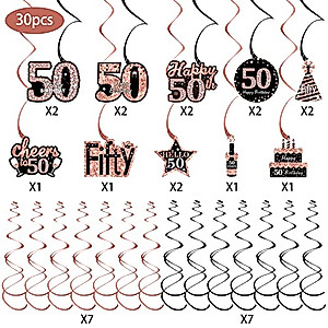 30Pcs Rose Gold 50th Birthday Hanging Swirl Decorations for Women, Cheers to 50 Years Birthday Foil Swirls Party Supplies, Fifty Bday Ceiling Hanging Sign Decor