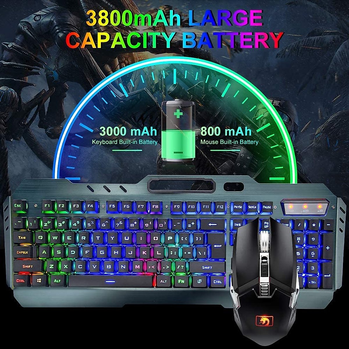 Wireless Gaming Keyboard and Mouse Combo, Rechargeable 16 Kinds RGB Backlit PC Gaming Keyboard Mouse w, Mechanical Feel Keyboard and 7 Color Gaming Mute Mouse for Windows Computer Gamers (Black)