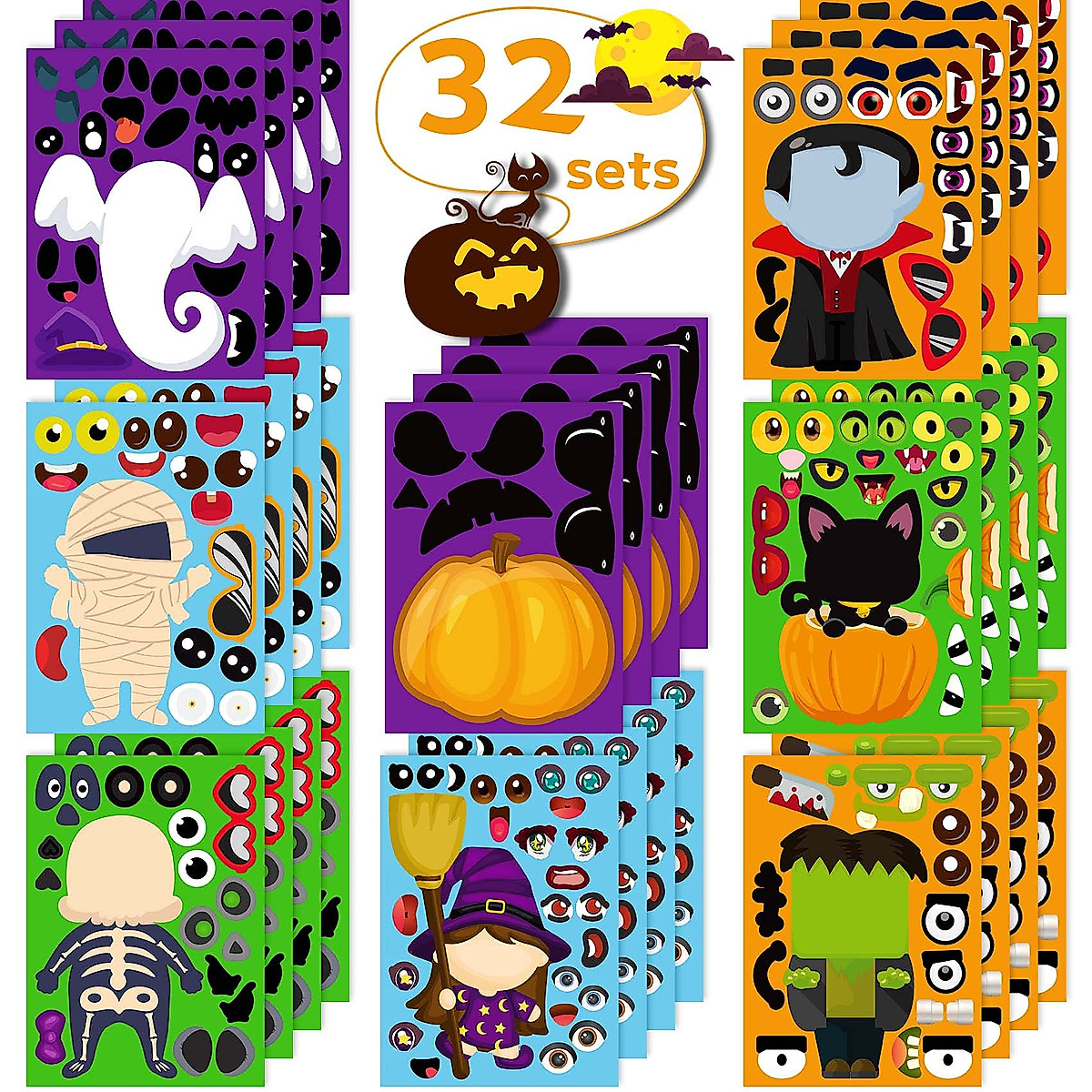 Halloween Stickers for Kids 32PCS Halloween Games for Kids Halloween Make a Face Stickers Jack-O-Lantern Sticker Cute Halloween Stickers Halloween Arts and Crafts for Kids
