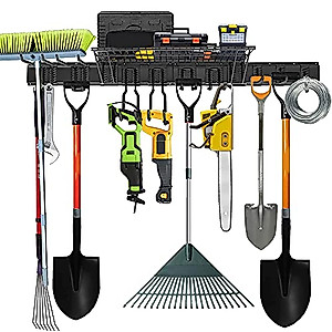Wallmaster Tool Storage Rack With Wall Shelf, Garage Storage Wall Mount Tool Organizers Heavy Duty Racks Adjustable Wall Hanger System (9Hooks&2Rails&Storage Shelf)