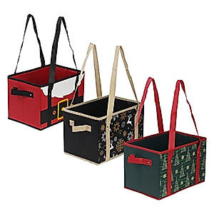 Reusable Grocery Bags Set Shopping Box with Reinforced Bottom Heavy Duty Premium Collapsible Foldable with Long Handles Xmas Chrismas Holiday Design Storage Boxes (Set of 3)