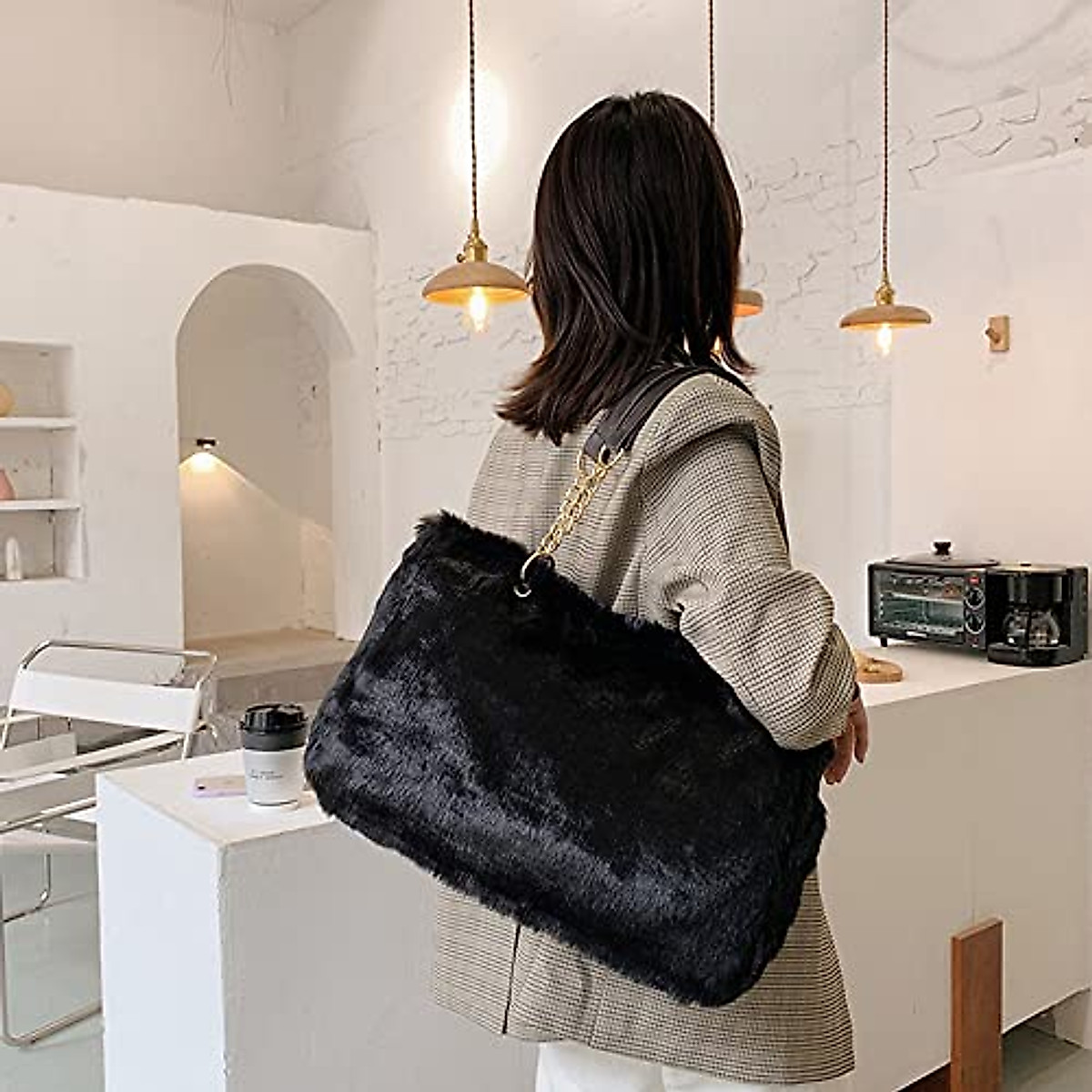 Aisa Choice Women's Faux Fur Tote Purse Furry Leopard Large Capacity Shoulder Bag Satchel Handbag … (Black)