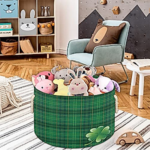Saint Patricks Day Tartan Cloverleaf Large Round Baskets for Storage Laundry Baskets with Handles Blanket Storage Basket for Bathroom Shelves Bins for Organizing Nursery Hamper Girl Boy