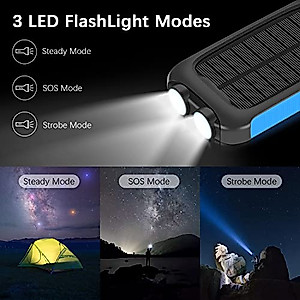 Dyuanup 20,000mAh Solar Charger Power Bank 2LED Flashlight IP65 Waterproof with Dual USB Outputs and Type C Input/Output Built-in Solar Panel for Outdoor Camping for All Cell Phones (Blue)