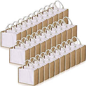 Silkfly 30PCS Burlap Tote Bag Bulk Laminated Interior Jute Tote Bag with Handle Large Reusable Grocery Bags Blank Beach Tote Teacher Bridesmaid Wedding DIY Gift Bag, 14.2 x 12.6 x 7.5 in (White, Jute)