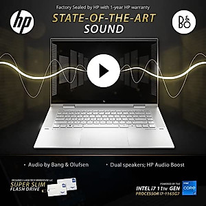 HP Envy 15T x360 Laptop i7-1165G7 11th Gen, 16 GB RAM, 1 TB SSD, 15.6" FHD Touch, Nvidia MX450 2GB, Tilt Pen, B&O Speakers, USB C, HDMI, Win 11 Pro, Silver, 64 GB Tech Warehouse Flash Drive