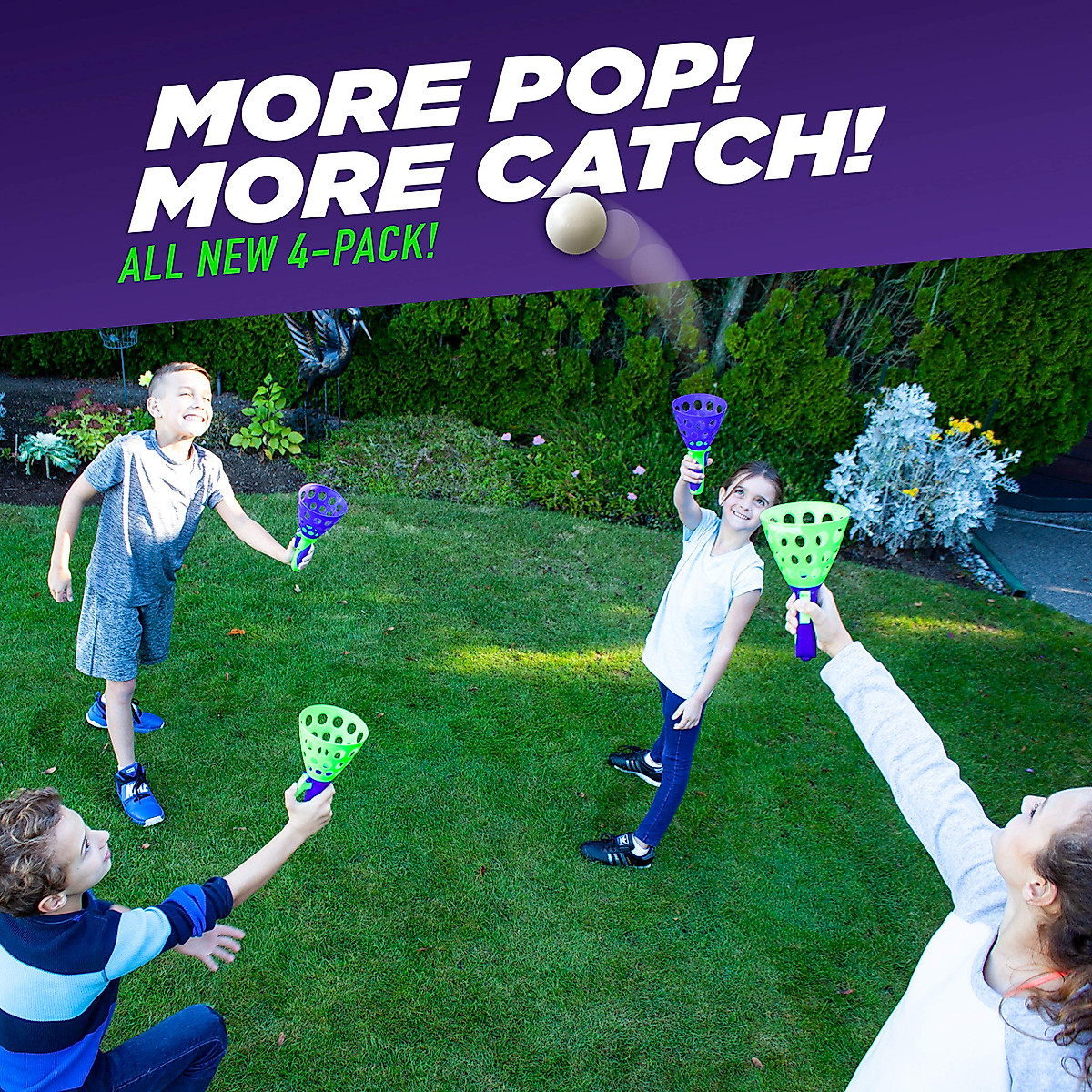 Geospace Original Pop 'N Catch Game 2-Pack (Set of 4 Launchers & 4 Balls) for Indoor/Outdoor Play - Great for Parties, Beach and Rainy Days