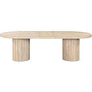 Meridian Furniture 725Oak-T Belinda Collection Mid-Century Modern Solid Wood White Oak Veneer Dining Table, Oval Design, Fluted Bases, 2 Leaves Included, 90"/106.5"/123" W x 47.5" D x 31" H, White