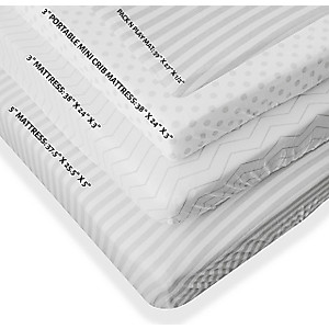 NODNAL CO. 3 Fitted Gray Mini Crib Pack n Play Playard Portable Crib Sheets Set - 100% OEKO-TEX Cotton Baby Girl/Boy Nursery Bedding, Gender Neutral Polka Dot Stripe Travel Pack and Play Playpen Sheet