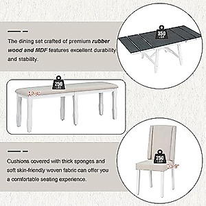 HAUSHECK Classic 4-6, Modern Home Furniture Small Space with Rectangular Extendable Table w/Two 12" W Removable Leaves, Upholstered Bench & Chairs w/Wing Back, Kitchen & Dining Room Sets for 6, White