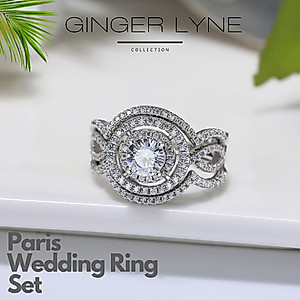 Halo Wedding Ring Set for Women by Ginger Lyne |3 Ring Bridal Set | Sterling Silver Engagement Ring Two Matching Anniversary Bands | Cubic Zirconia Promise Rings for Her