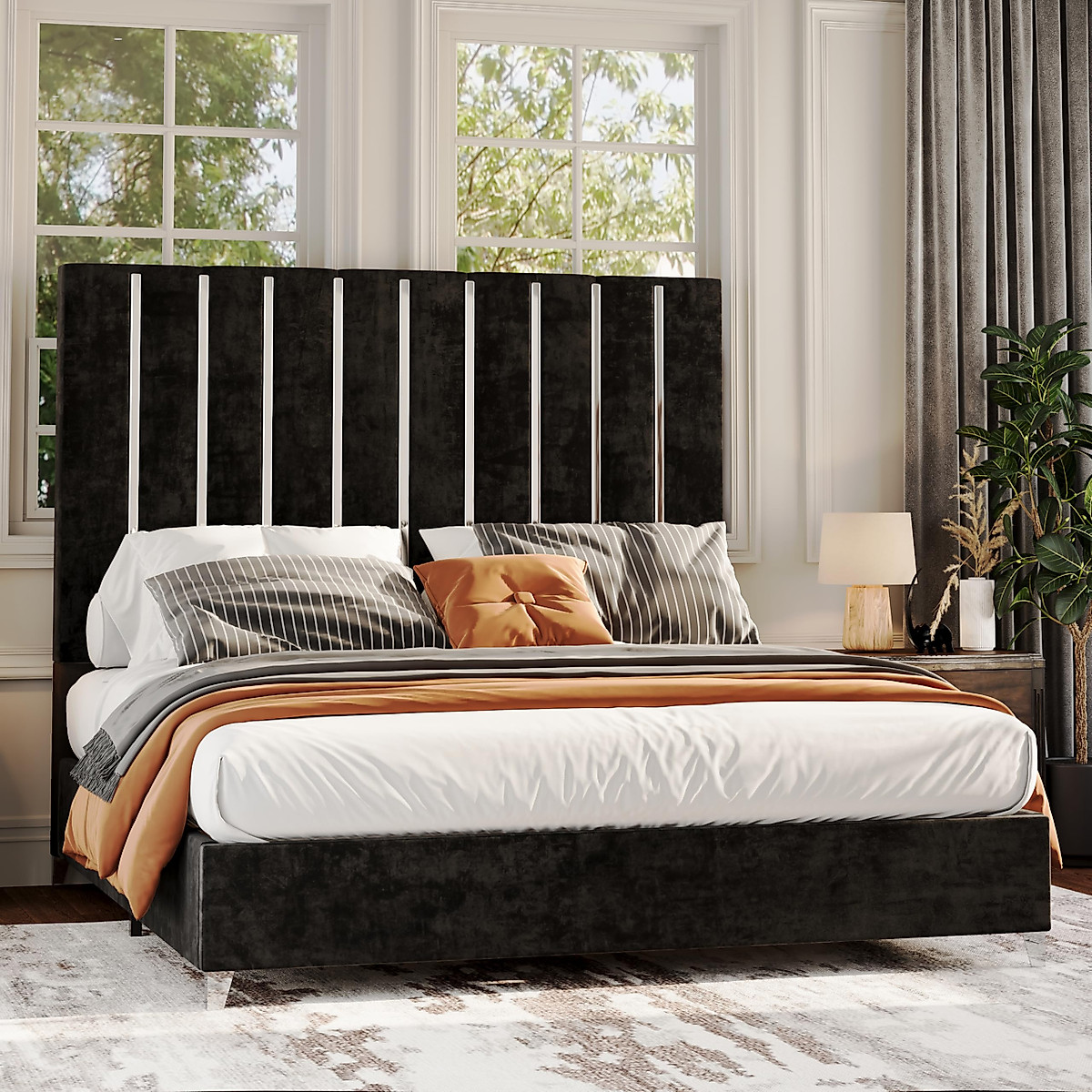 AMERLIFE King Bed Frame with 58" Tall Headboard, Silver Mirror-Plated Trim Platform Bed with Velvet Upholstered, Modern and Luxury Bed, No Box Spring Needed, Black