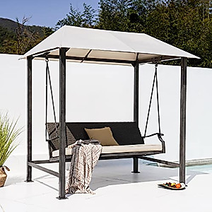 Grand Patio Outdoor Porch Swing 3-Seat with Canopy, Removable Olefin Cushion for Garden, Backyard, Poolside, Weather Resistant Woodgrain Finish Steel, Beige