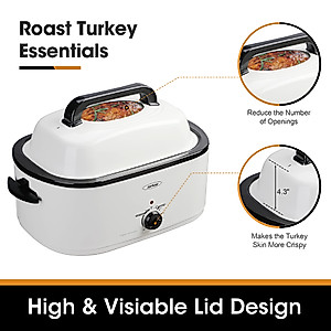 Roaster Oven, 24 QT Electric Roaster Oven with Viewing Lid, Sunvivi Turkey Roaster with Unique Defrost/Warm Function, Large Roaster with with Removable Pan & Rack, Stainless Steel, White