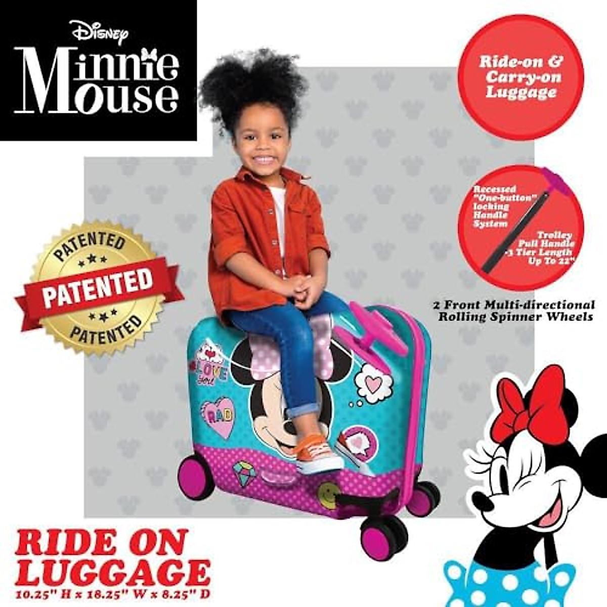 Disney Minnie Mouse Ride on Suitcase for Kids, 18'' Suitcase with Seat for Kids, Cute Lightweight Kids Travel Suitcase Trolley