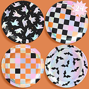 xo, Fetti Halloween Plates - 24 pcs | Halloween Tablescape, Spooky Season Setting, Haunted House Party, Checkered Kids Table Decor