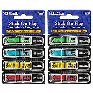 BAZIC Neon Page Markers Dispensers 0.5x1.7 Sign Here Neon Colored PET Arrow Flag Index Tabs, Page Bookmarks File Tab (100 Flags/Pack), 2-Packs