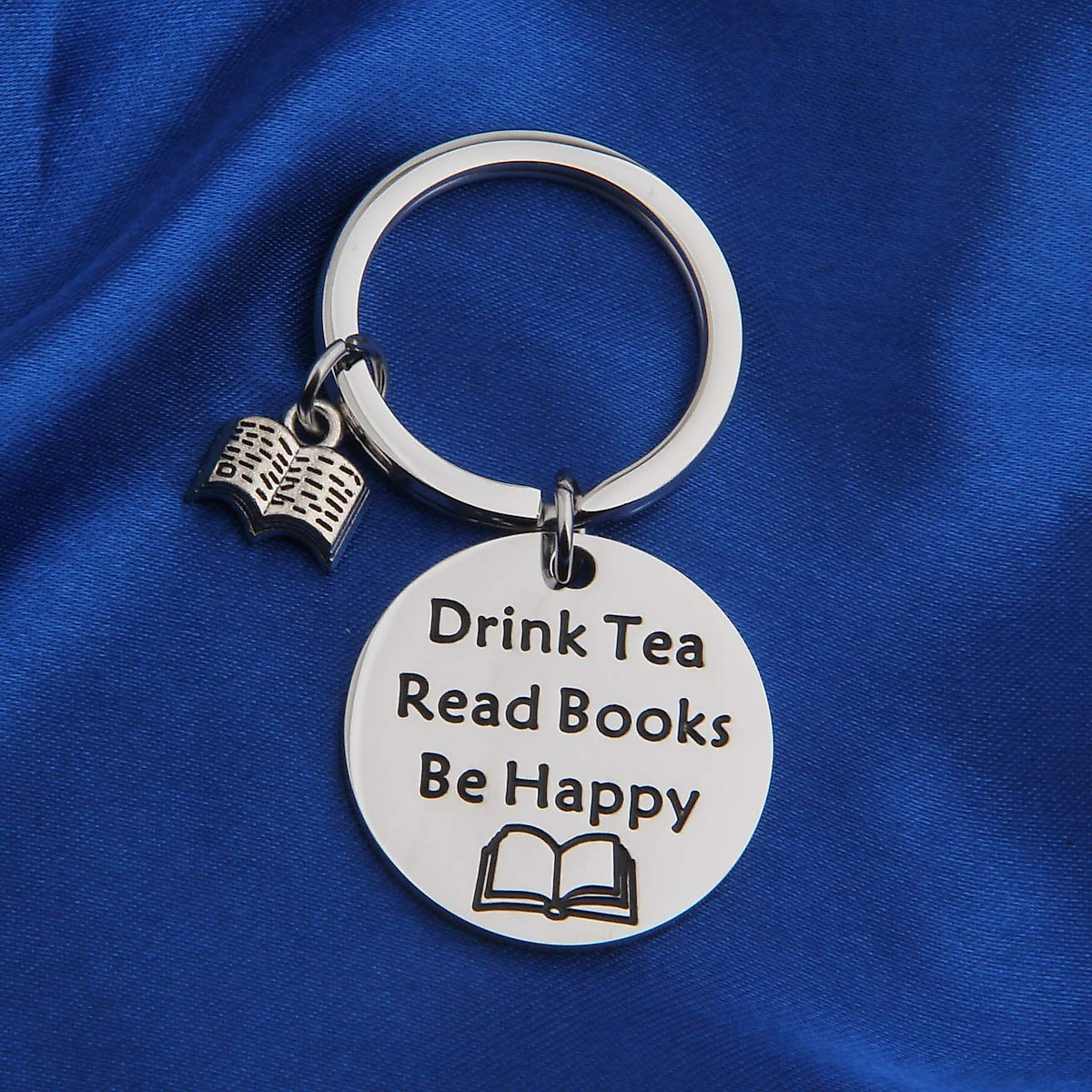 FEELMEM Tea Lovers Gift Drink Tea Read Books Keychain Tea Party Gift Literature Book Lovers Jewelry Gift for Readers, Bookworm, Book Club (silver)