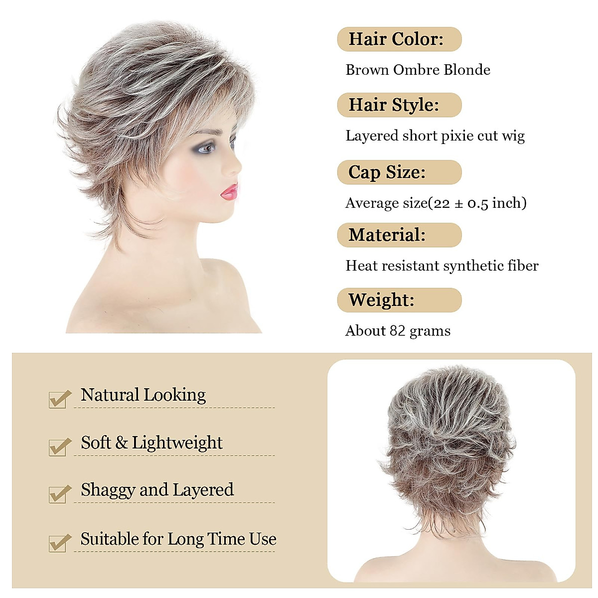 TISHINING Layered Short Blonde Pixie Wigs for White Women Dark Brown Ombre Blonde Pixie Cut Wig with Bangs Synthetic Natural Looking Daily Party Wig