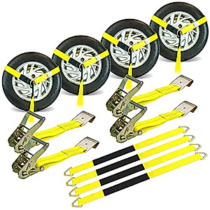 VULCAN Economy Car Tie Down Kit with 4 Lasso Straps, 4 Flat Hook Ratchets, and 4 Free 36 Inch Axle Straps - 3,300 Pound Safe Working Load