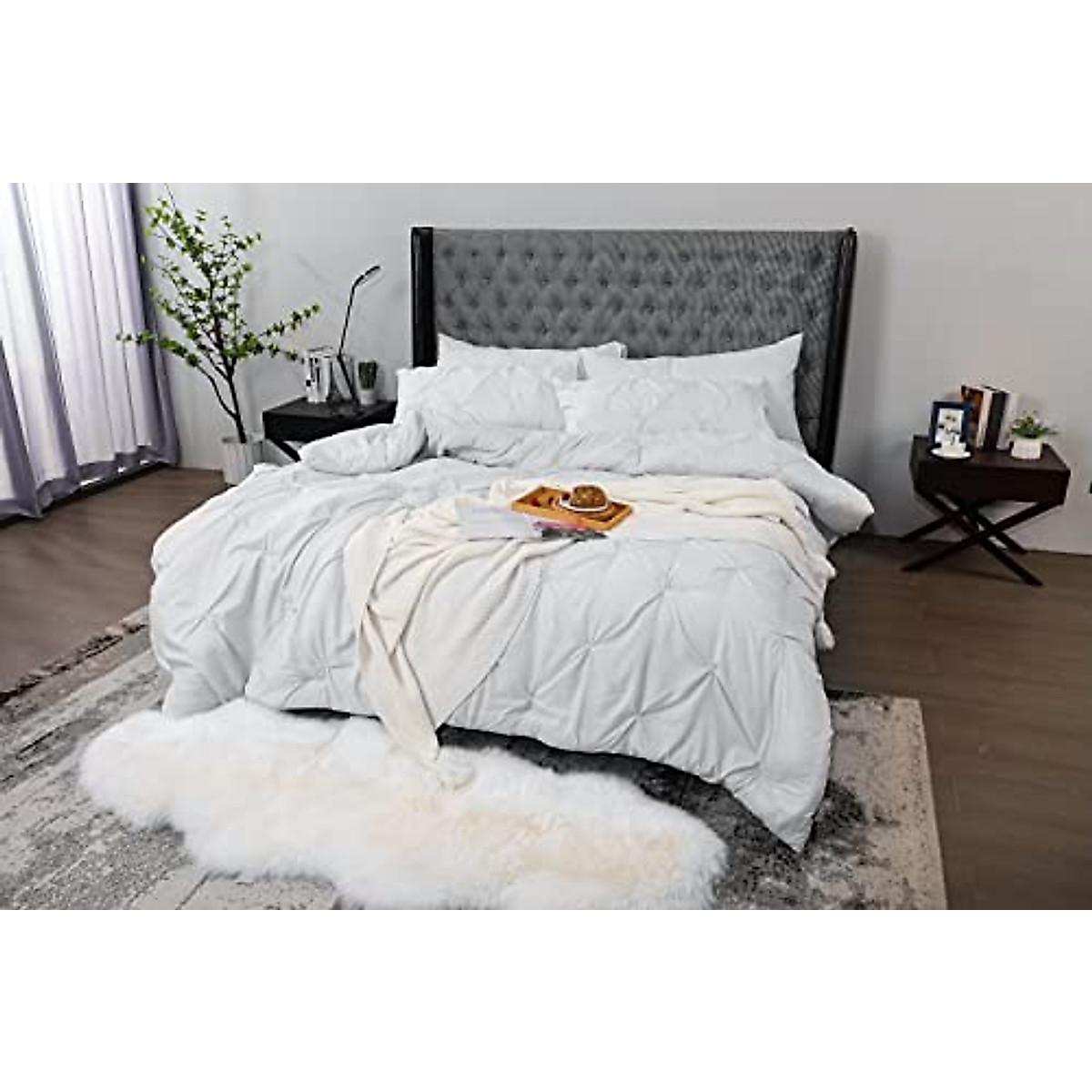 JUDVX Twin Size Comforter Sets, 8 Pieces Bedding Sets, Grey Pinch Pleat Pintuck Twin Bed in A Bag with Down Comforters, Sheets, Pillowcases & Shams