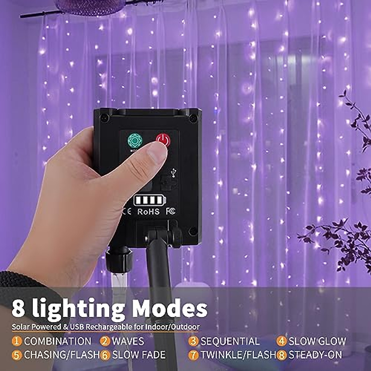 Tngan 300LED Solar Curtain Lights Outdoor Indoor, Solar Halloween Lights IP65 Waterproof for Patio Decor, Dangling Window Lights, 8 Modes Twinkle Lights for Christmas Home Garden Wall Party - Purple
