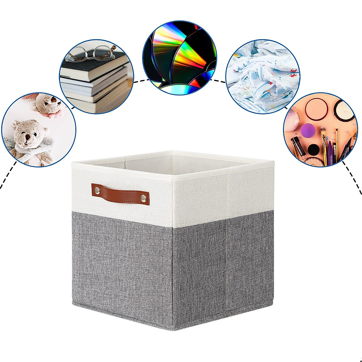 DULLEMELO 11x11 Storage Cubes, Collapsible Sturdy Cube Storage Bins With Handles for Organizing,Fabric Storage Cubes Baskets for Shelves Nursery Closet Home Organization and Storage (White&Grey)