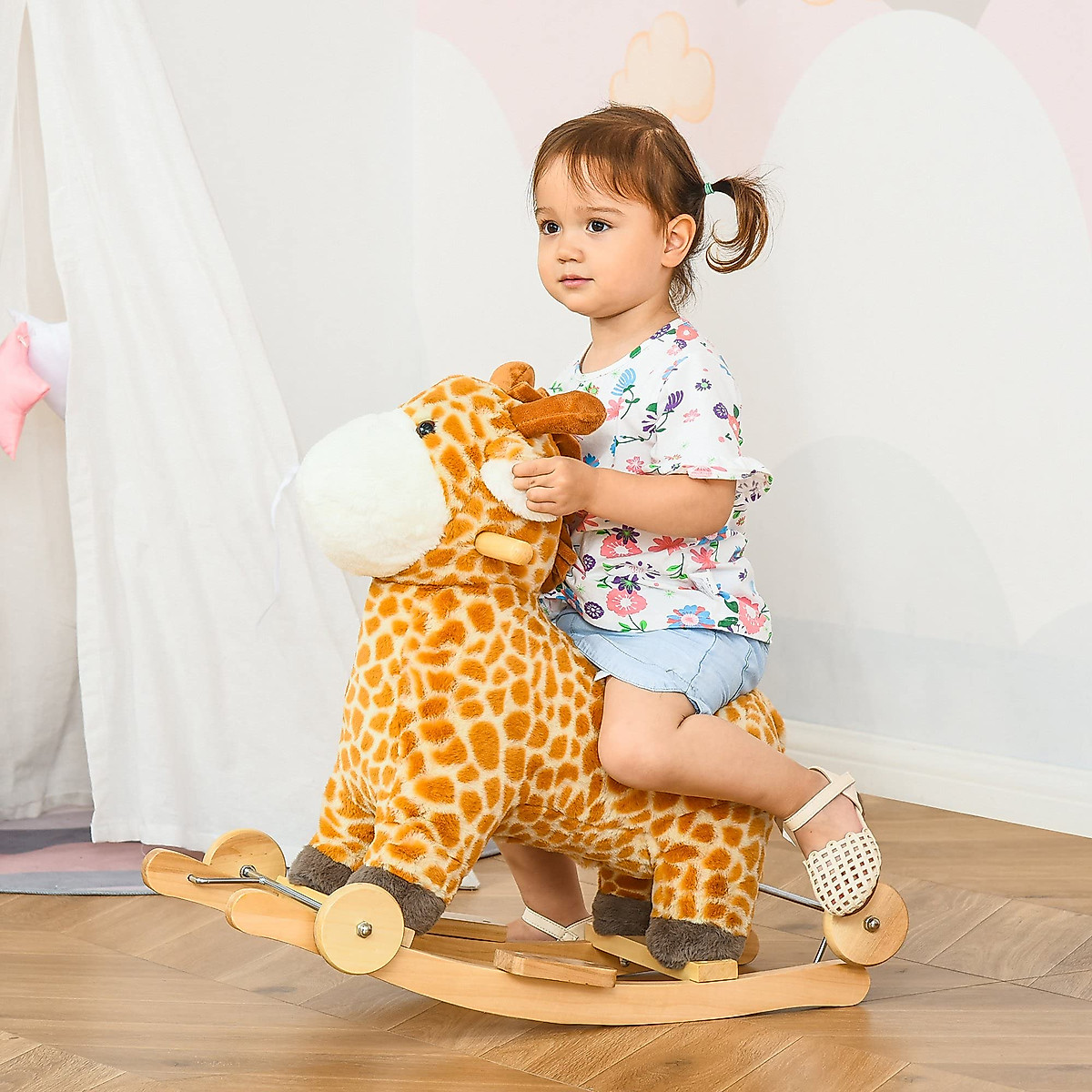 Qaba 2-in-1 Kids Plush Ride-On Rocking Horse Toy, Giraffe-Shaped Plush Rocker with Realistic Sounds for Children 3 to 6 Years, Yellow