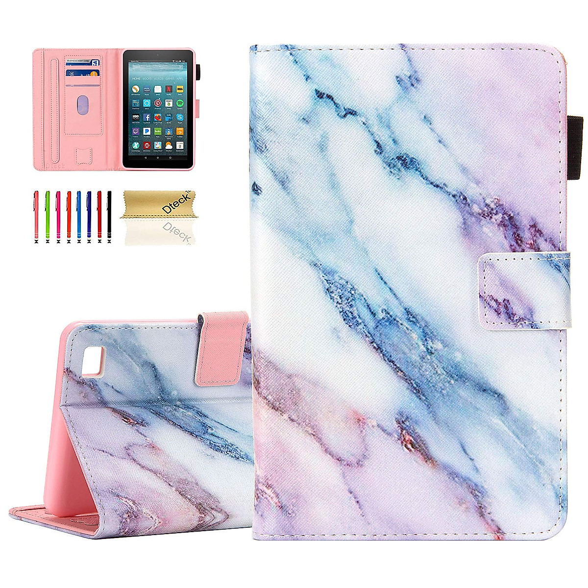 Dteck Case Cover for Kindle Fire 7 Tablet (7" Display, 9th/7th/5th Generation, 2019/2017/2015 Release) - Auto Sleep Wake Case Synthetic Leather Wallet Protector Fold Stand Kindle Cover (White Marble)