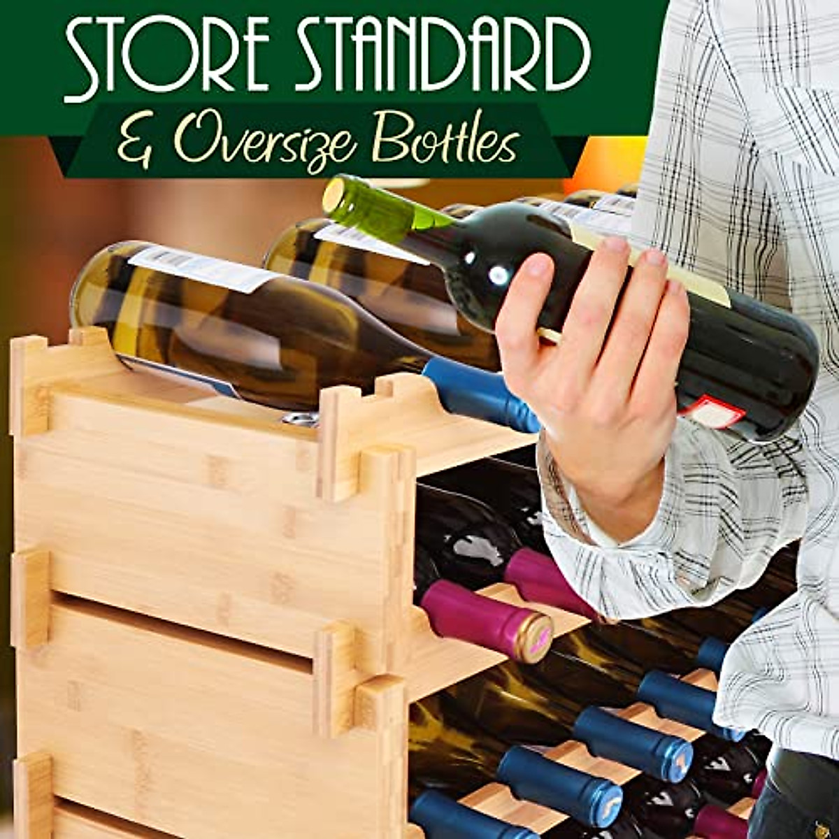 SereneLife 36 Bottle Stackable Wine Rack, 33.5” x 10” x 21” 4-Tier Large Floor Freestanding Modular Wine Bottle Storage Display Shelf Natural Bamboo Wood Construction for Kitchen and Cellar