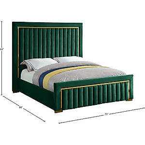 Meridian Furniture Dolce Collection Modern | Contemporary Velvet Upholstered Bed with Luxurious Channel Tufting and Gold Metal Trim/Legs, Queen, Green