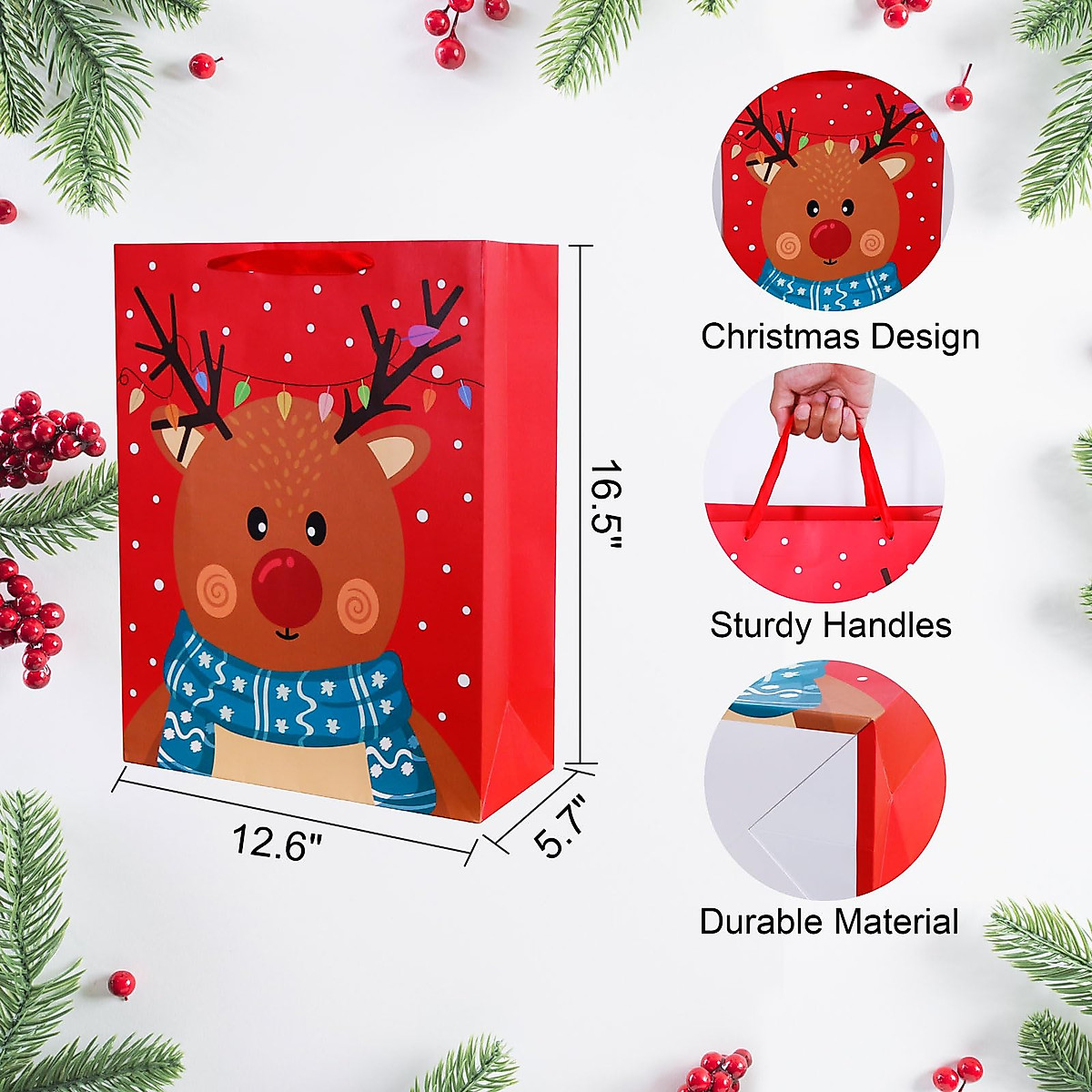 4 Pack 16.5" Extra Large Christmas Gift Bags, Xmas Paper Bags With Handles and Tissue Paper, Reusable Holiday Bags Bulk for Present Wrap Decor