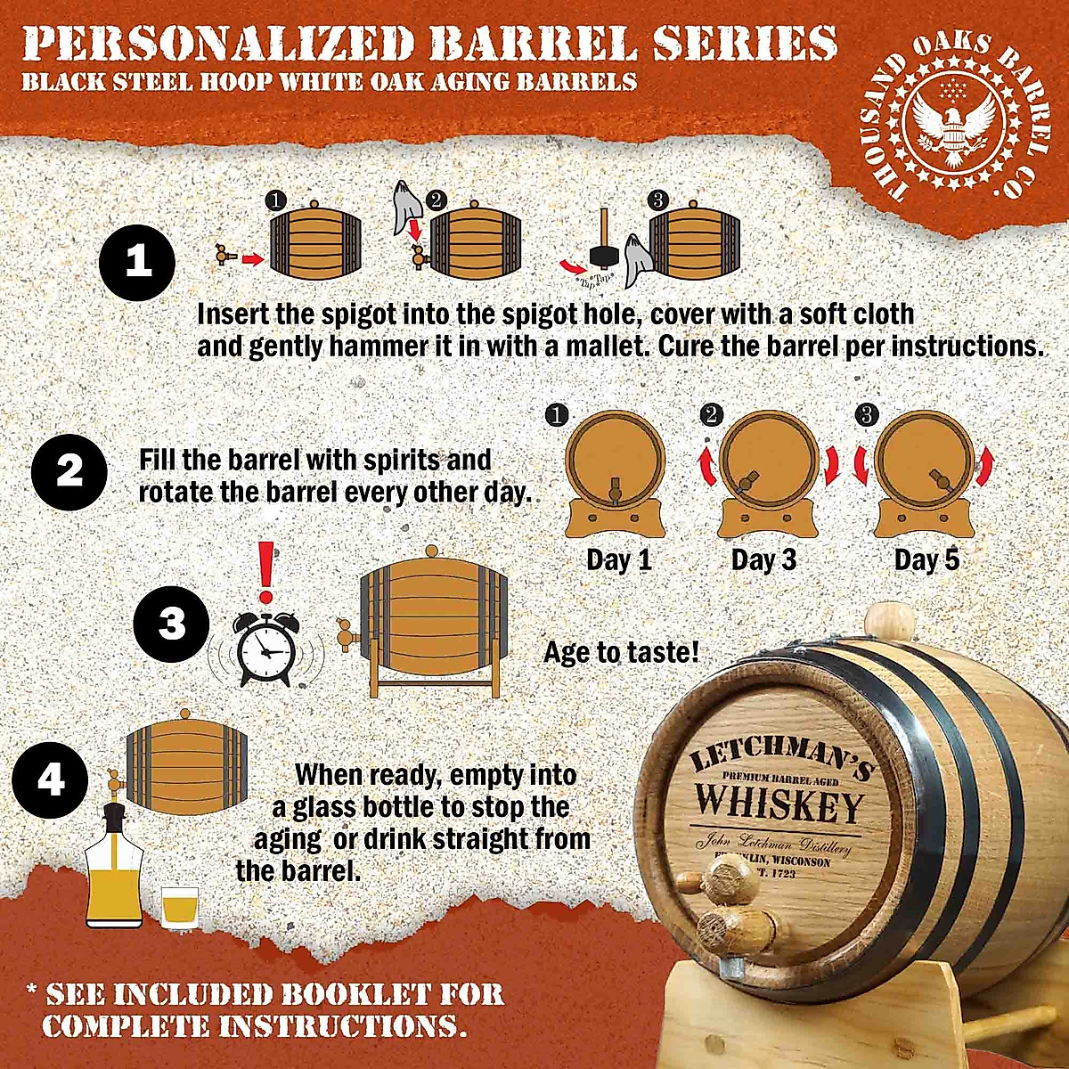 Personalized 20 Liter Oak Aging Barrel (5 gallon) with Stand, Bung and Spigot | Age Cocktails, Bourbon, Rum, Tequila, Beer, Wine and More! | Laser Engraved P5 Custom Whiskey Barrel Design