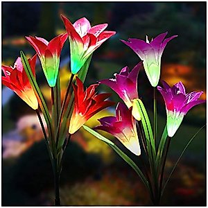 TONULAX Solar Lights Outdoor - New Upgraded Solar Garden Lights, Multi-Color Changing Lily Solar Flower Lights for Patio,Yard Decoration, Bigger Flower and Wider Solar Panel (2 Pack,Purple and Red)