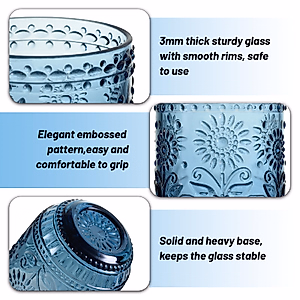 Wongblee Floral Embossed Water Glasses 12 Oz, Vintage Drinking Glasses Set of 4, Colored Glass Tumblers (Green)