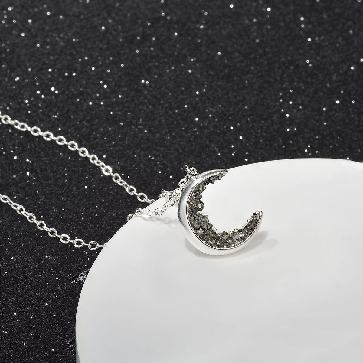 Lauren-Spencer Crescent Moon Necklace for Women Silver Gold Plated Black Crystal Moon Necklaces Dainty Moon Pendant Necklace Charm Moon Jewelry Birthday Gifts for Women Girls, Brass, Cubic Zirconia