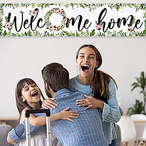 Large Welcome Home Banner 71 x 15.7 Inches Spring Summer Fall Flower Cluster Welcome Banner Yard Sign Decoration Welcome Home Garland Hanging Photo Booth Background (White Background with Grass)