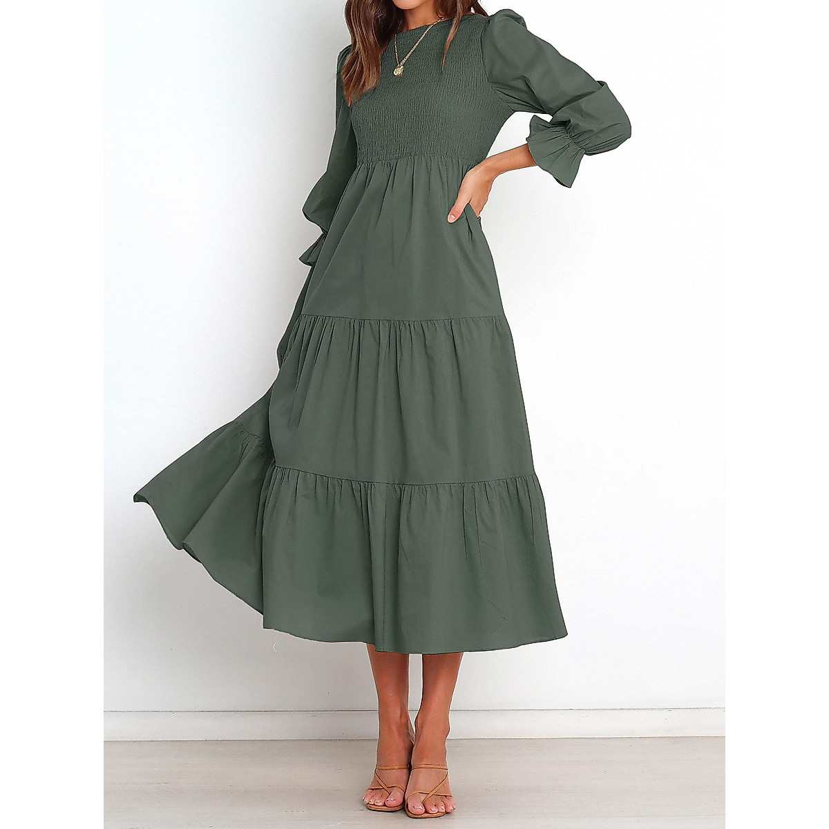 BTFBM Women Casual Long Sleeve Dress Fall Dresses 2025 Solid Color Relaxed Fit Smocked Tiered Flowy Boho Long Dresses(Solid Army Green,Large)