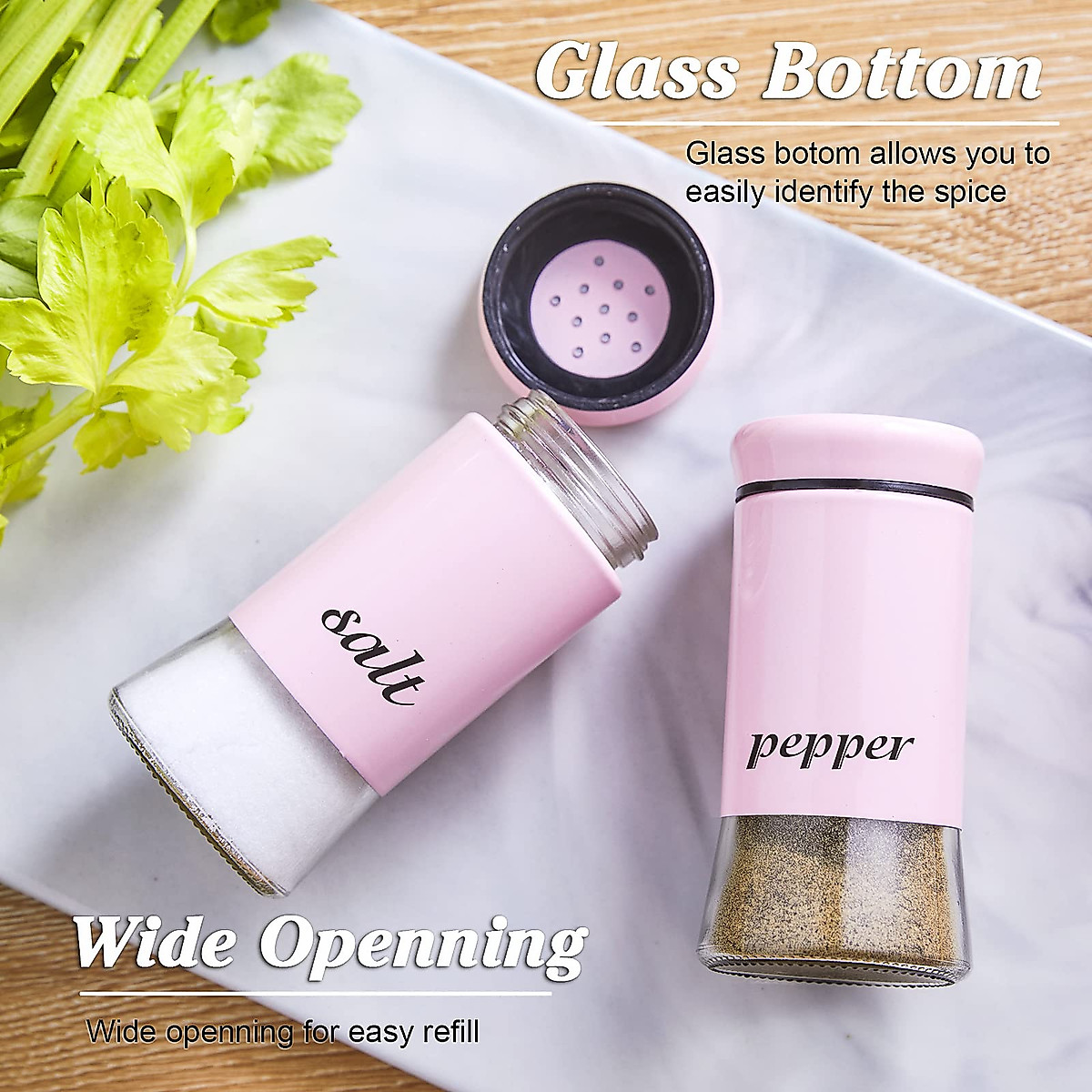 Pink Salt and Pepper Shakers - Pink Kitchen Accessories Decor- 5 oz Glass Salt and Pepper Set for Cooking Table, RV, BBQ, Easy to Clean & Refill