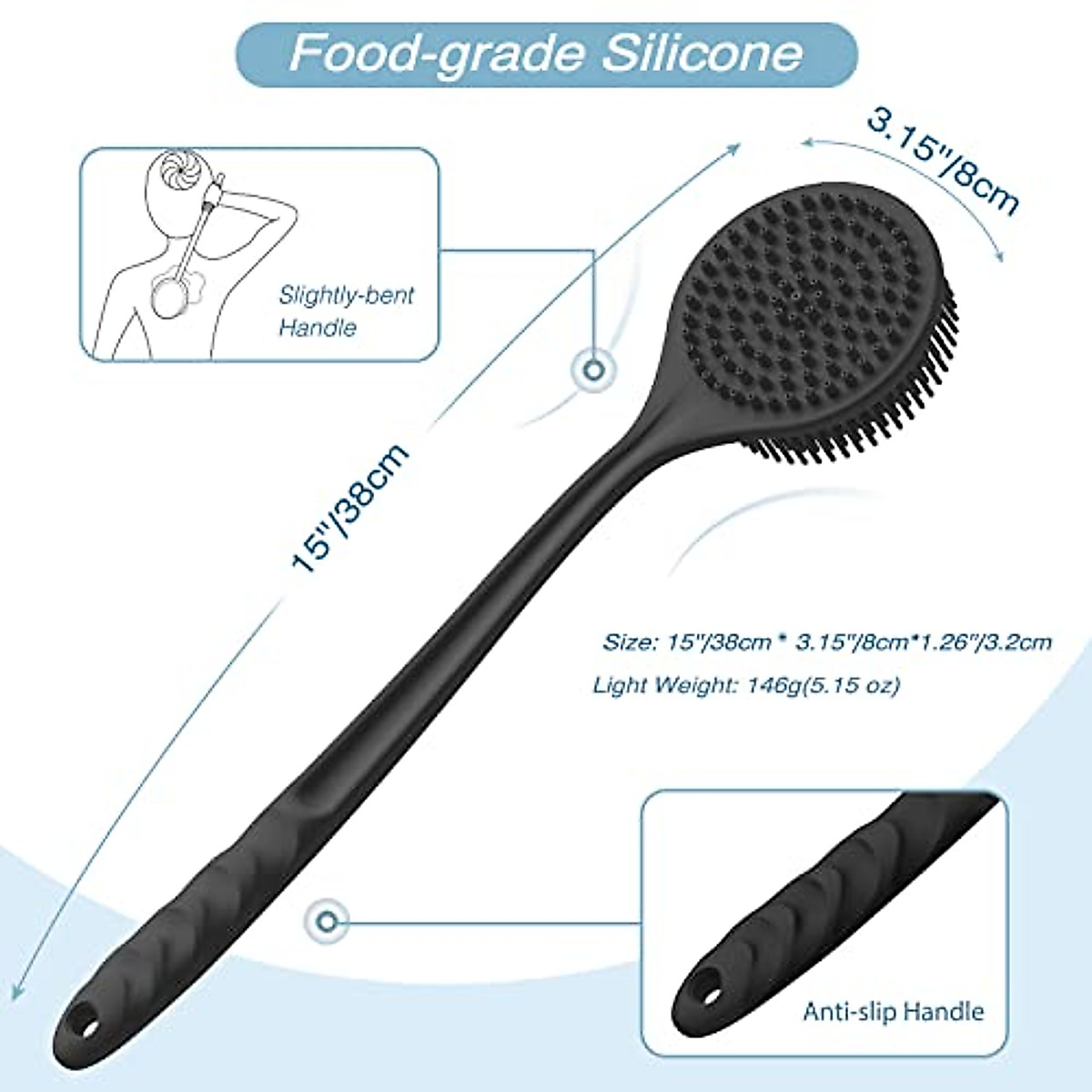 Manmihealth Silicone Back Scrubber(Thin Bristles) & Soft Bath Glove Set, Super-Cleaning Body Scrubber & Super-Lathering Shower Brush Combination, with a Free Hook. (Black)