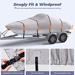 RVMasking Heavy Duty Middle 1400D Reinforced Boat Cover with Storage Bag Trailerable Marine Grade Waterproof Boat Cover Fits Bass Boat, V-Hull, Runabout, Length: 16'-18.5', Beam Width up to 94", Gray