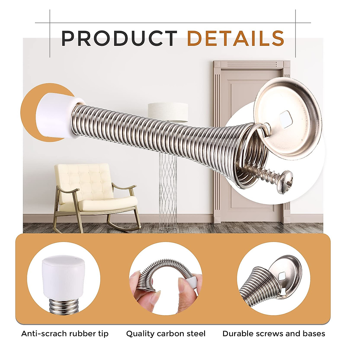 60 Pcs Spring Door Stopper with Rustproof Screw Rubber Bumper Tips, 3" Flexible Heavy Duty Spring Wall Door Stop Low Mounted Door Bumper for Home Spring Door Stoppers for Bottom of Door (Silver)