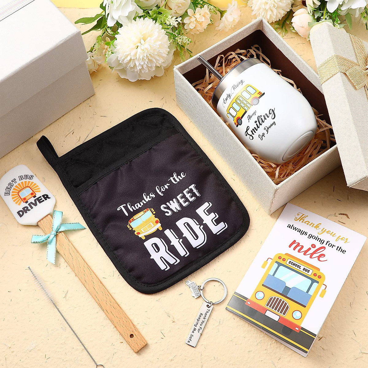 6 Pcs Bus Driver Appreciation Gifts School Bus Tumbler Cup with Keychain Bus Driver Pot Holder with Pocket Heat Resistant Oven Pads Silicone Spatula Rubber Greeting Card for Bus Driver Teacher Gifts