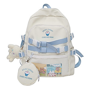Aesthetic Backpack with Purse and Plushies Cute Kawaii Backpack with Accessories Japanese Backpack for School Teen Girls (Beige Light Blue)
