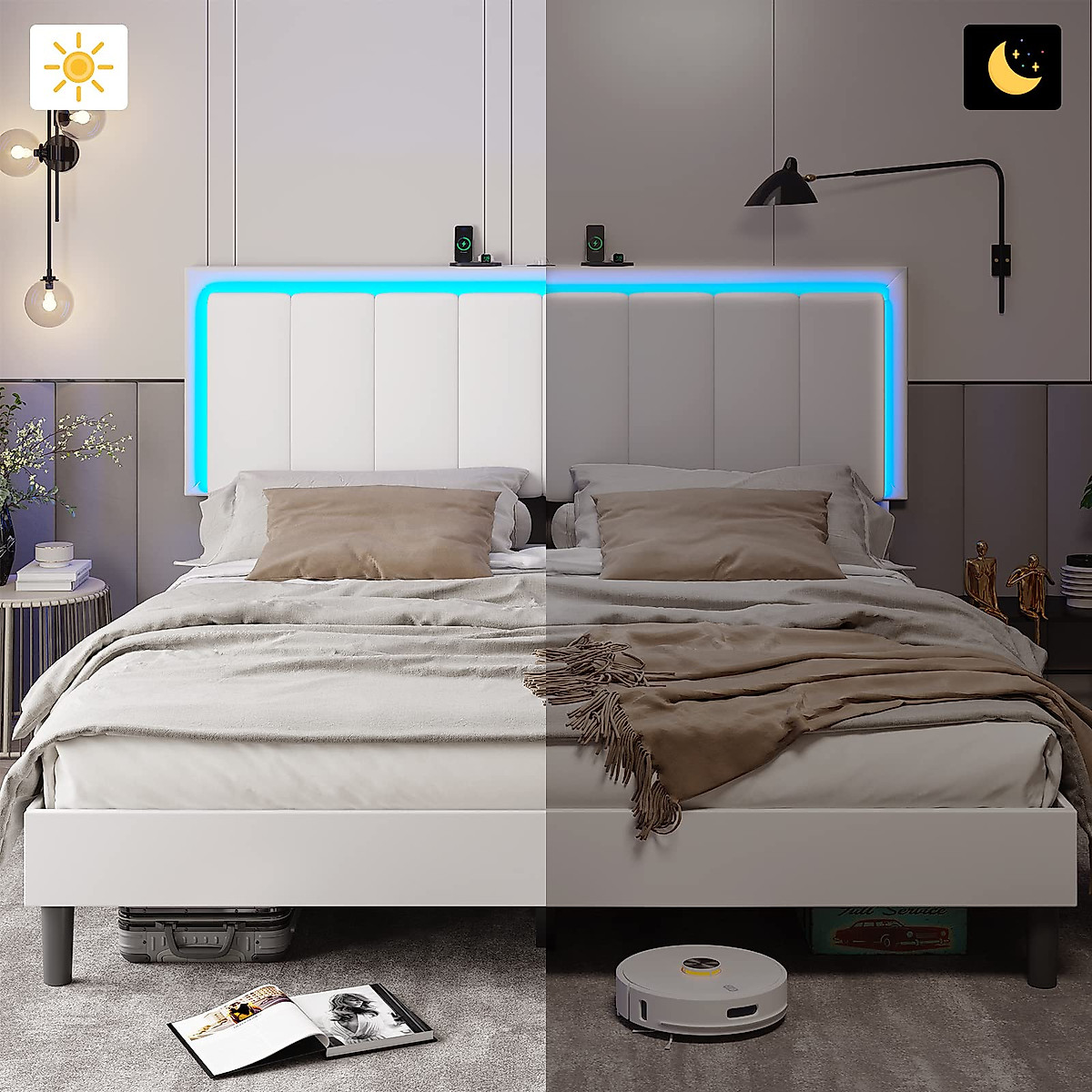 Hasuit Queen Bed Frame with Headboard and LED Light, Vegan Leather Platform Bed Queen Size with Charging Station, Upholstered Headboard Height Adjustable, Noise Free, Easy Assembly, White