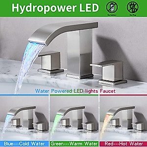 Skybathjoy LED Light Waterfall Bathroom Faucet 3 Hole, Brushed Nickel 8 Inch Widespread Bathroom Faucets & Parts, Modern 3 Piece Bathroom Sink Faucet, Touch On Faucet for Bathroom Vanity