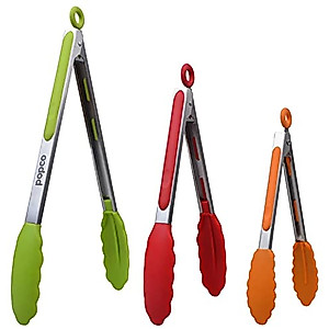 POPCO Tongs for Cooking - Set of 3 (7, 9, 12 inches) - Heavy Duty, 304 Stainless Steel BBQ and Kitchen Tongs with Silicone Tips (3 COLORS AVAILABLE)