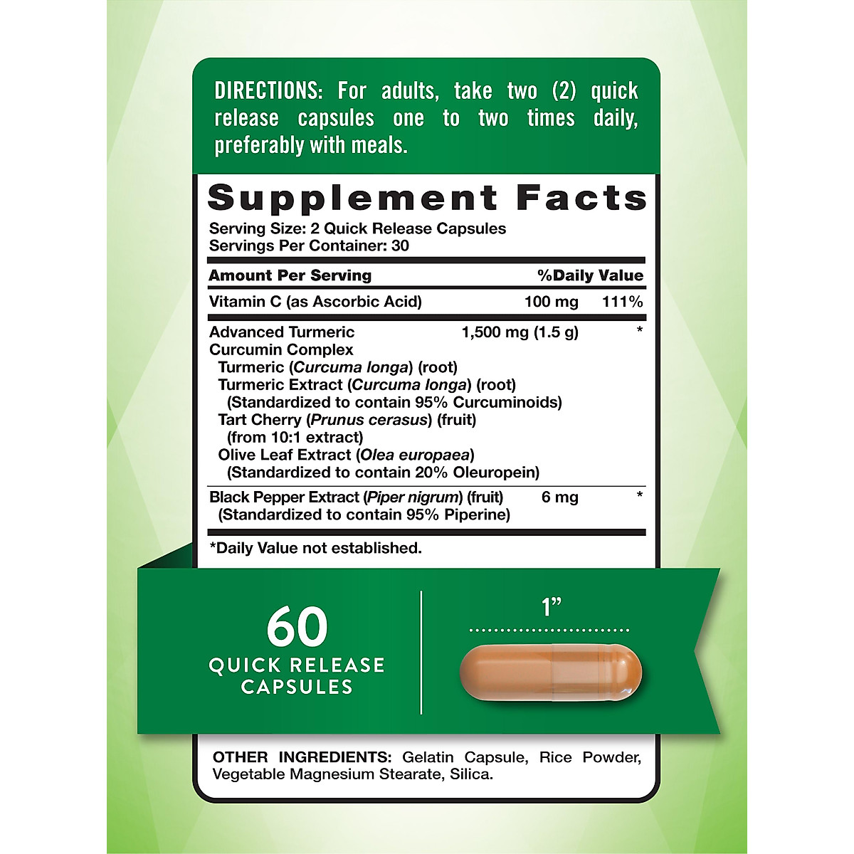 Nature's Truth Turmeric Curcumin 1500 mg | 60 Capsules | with Black Pepper Extract, Olive Leaf & Tart Cherry | Non-GMO, Gluten Free Supplement
